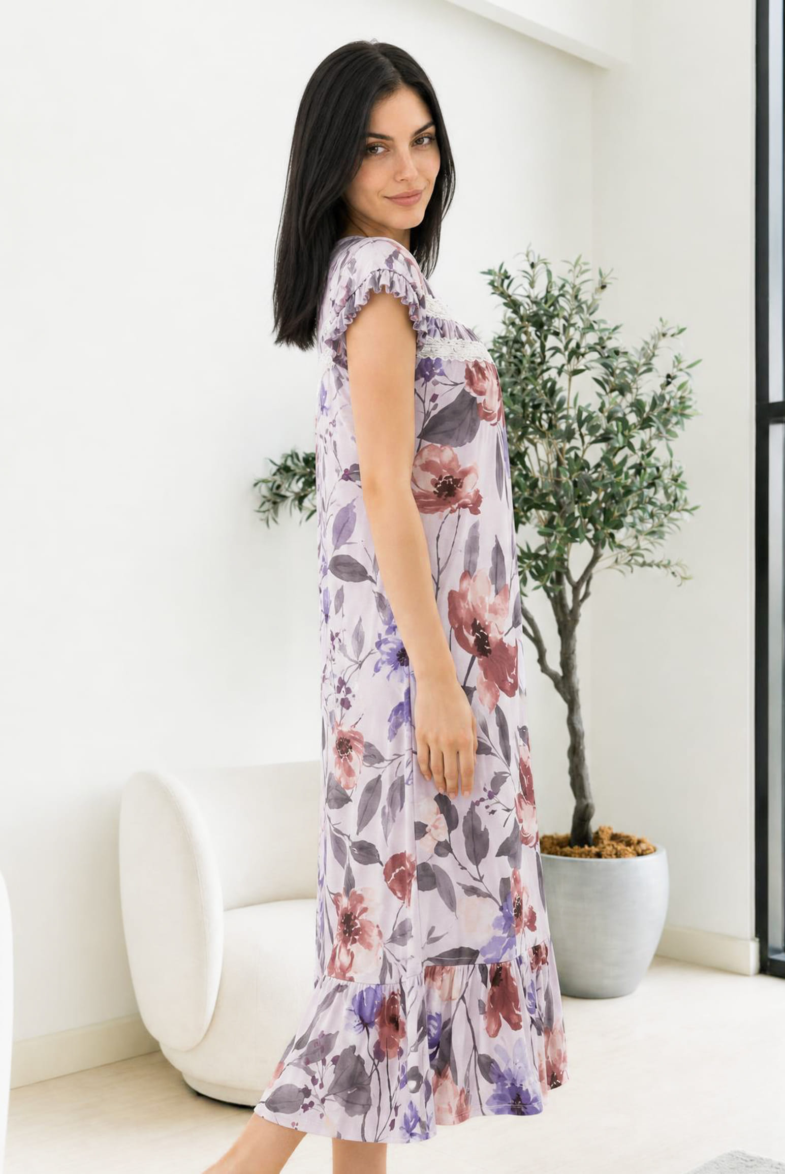 Ladies Light Lilac Purple Floral Printed Nightdress