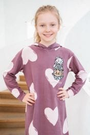 Girls Dark Mauve Hearts Allister Cats Hooded Nightdress