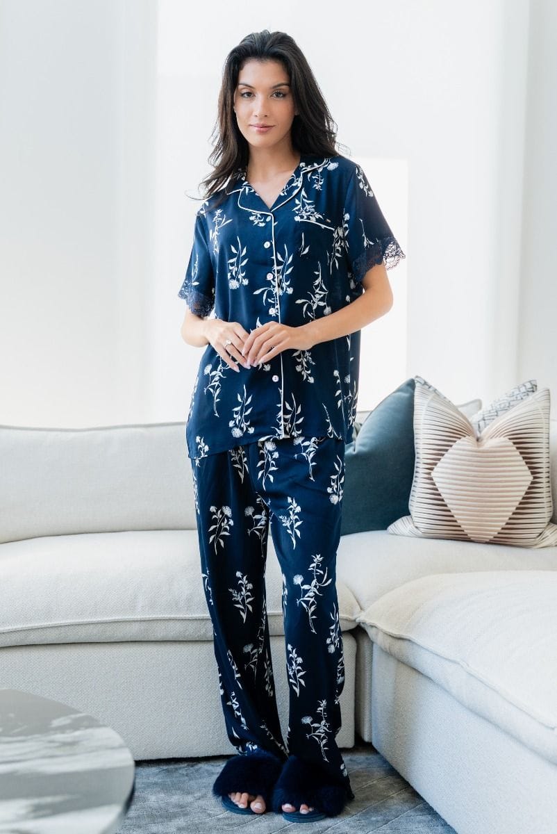 Ladies Navy Blue Floral Print Button Through PJ