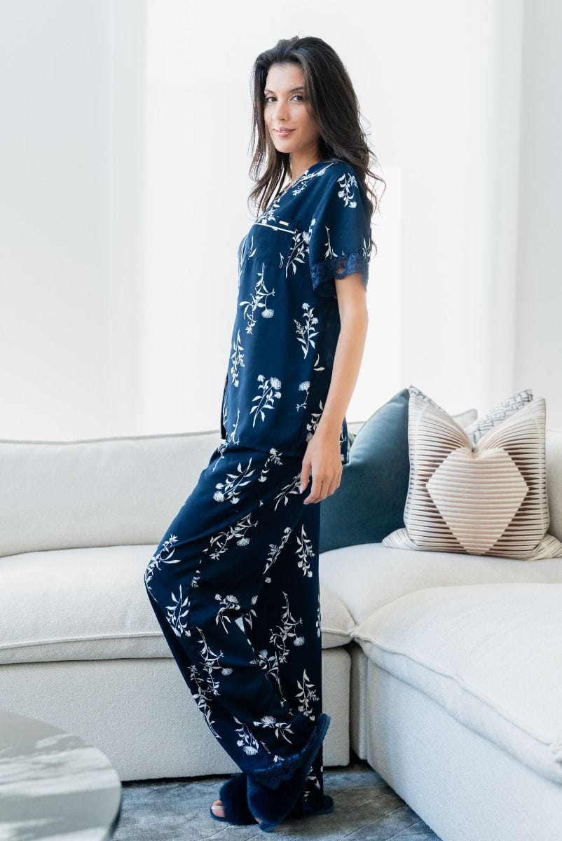 Ladies Navy Blue Floral Print Button Through PJ