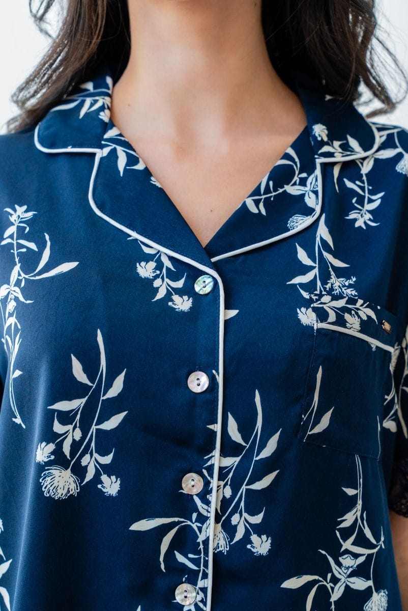 Ladies Navy Blue Floral Print Button Through PJ