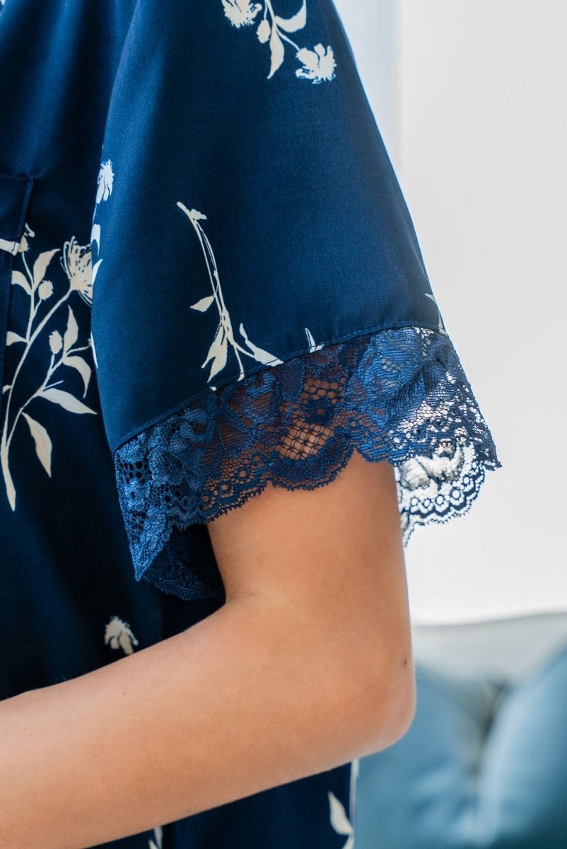 Ladies Navy Blue Floral Print Button Through PJ