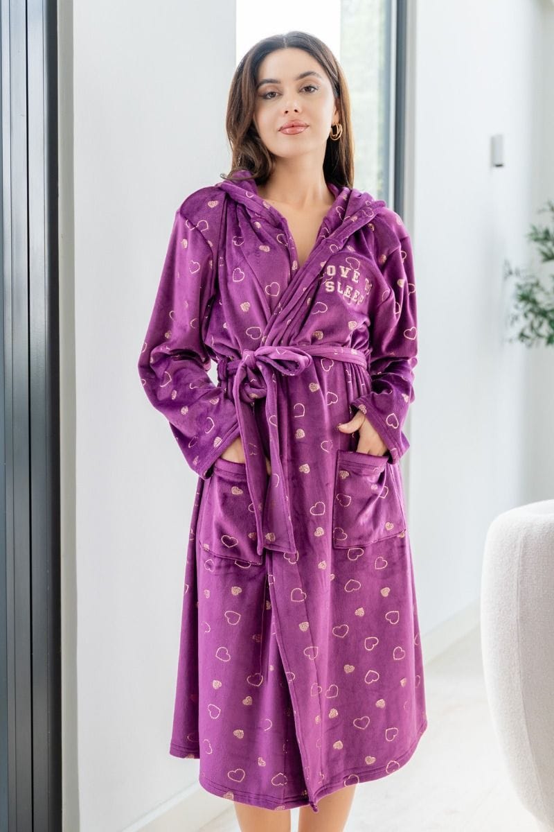 Ladies Dark Berry Gold Foil Hearts Velour Robe