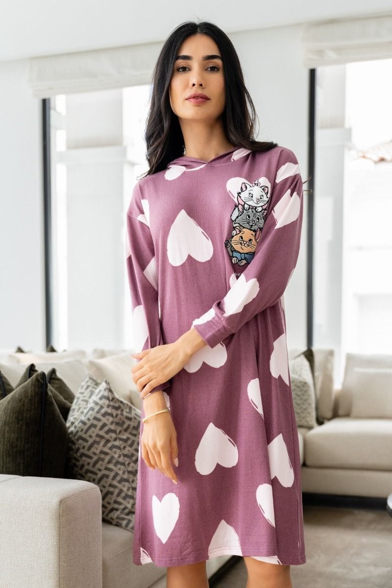 Ladies Dark Mauve Hearts Allister Cats Hooded Nightdress