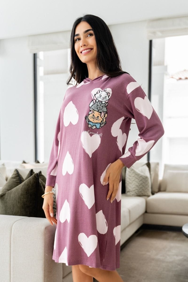 Ladies Dark Mauve Hearts Allister Cats Hooded Nightdress