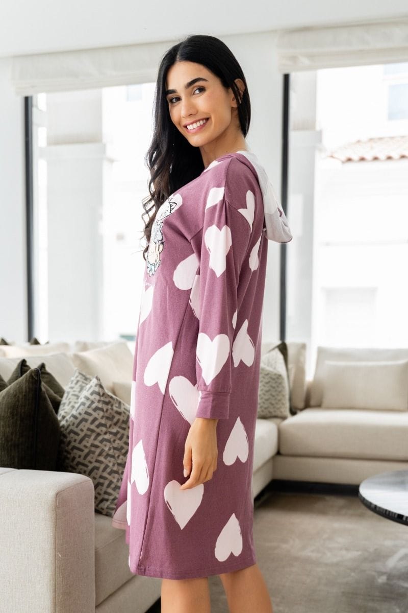 Ladies Dark Mauve Hearts Allister Cats Hooded Nightdress