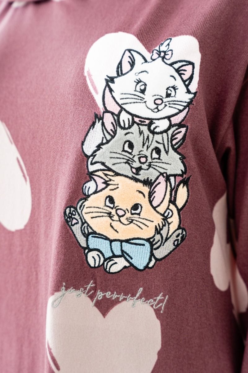 Ladies Dark Mauve Hearts Allister Cats Hooded Nightdress
