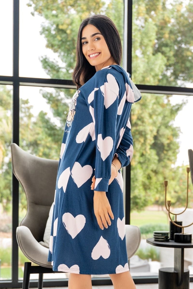 Ladies Navy Pink Hearts Allister Cats Hooded Nightdress